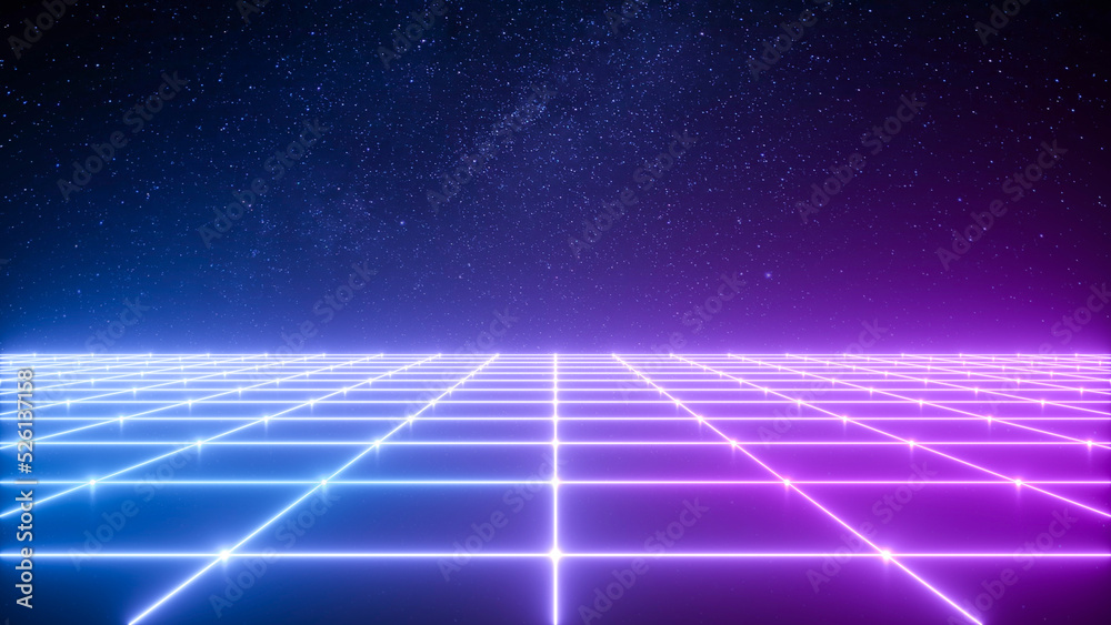 Neon grid with a road to space. Futuristic retro wave synth ...
