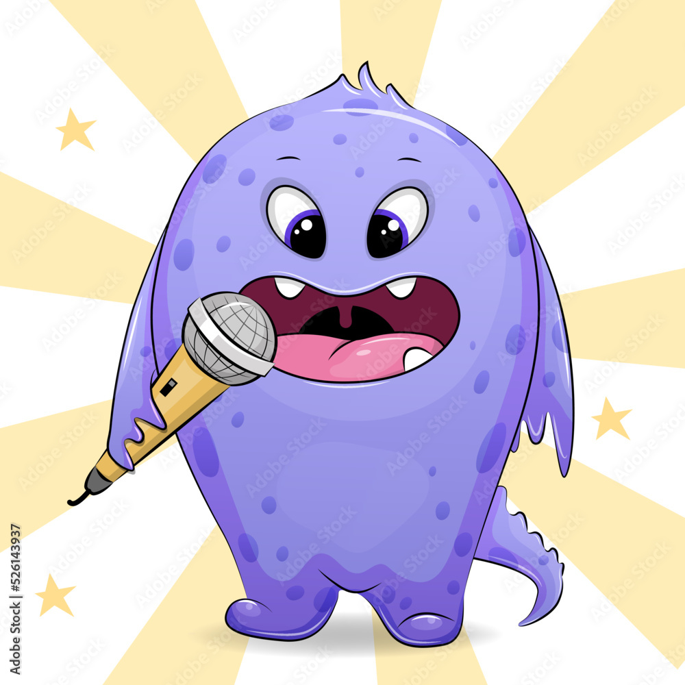 Cute cartoon monster with a microphone. Vector illustration of a singer ...