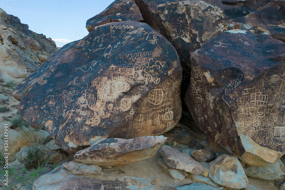 Aerial of petroglyphs and Indian rock art carved into a cliff Stock ...