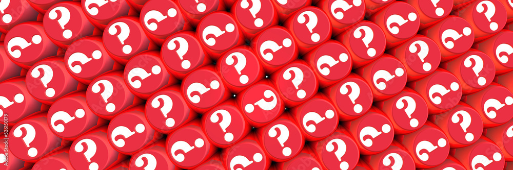Background from red cubes with question marks. A lot of red cubes ...