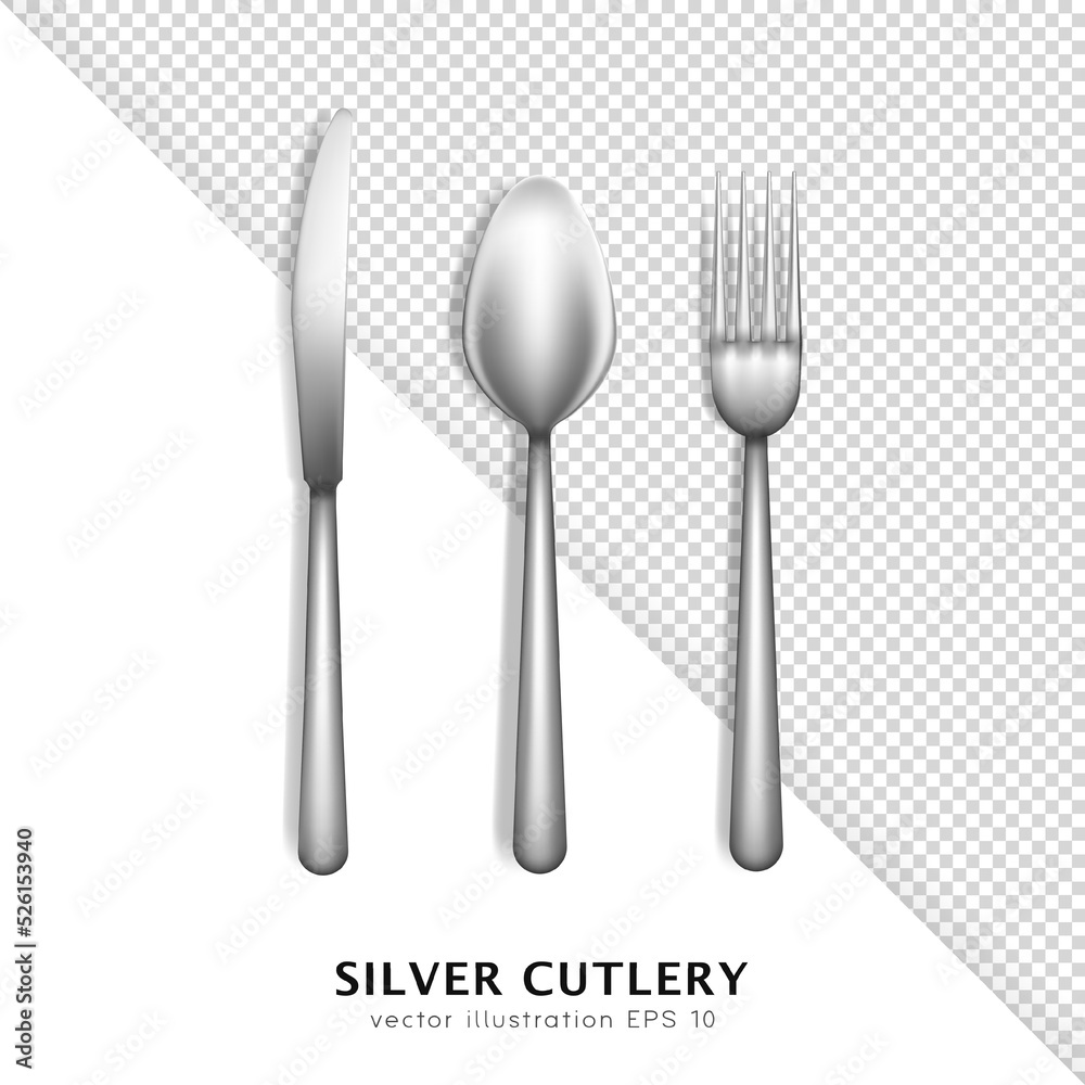 3d realistic stainless steel cutlery. Top view of three dimensional ...