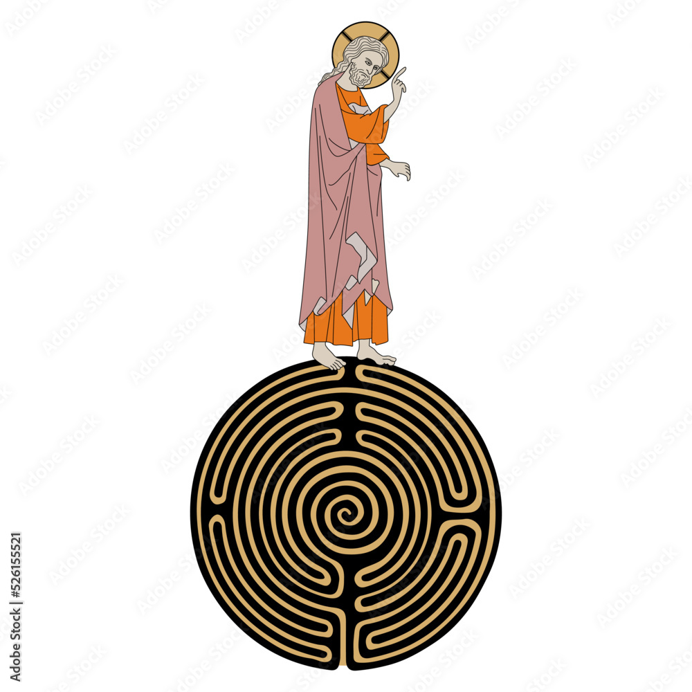 Jesus Christ standing on top of a round spiral maze or labyrinth symbol ...