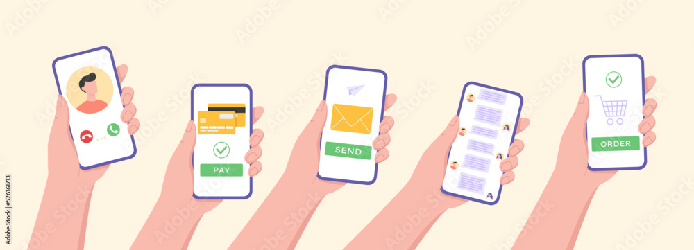 Set of hands holding smartphone with different applications displaying ...