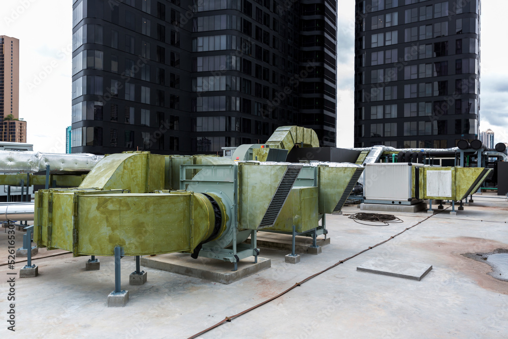 Air conditioner compressor installed on roof building. Industrial air ...
