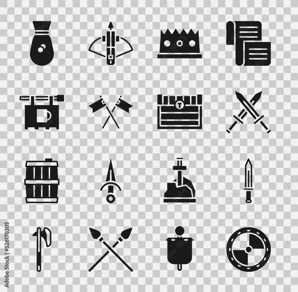 Set Round wooden shield, Medieval sword, Crossed medieval, King crown ...