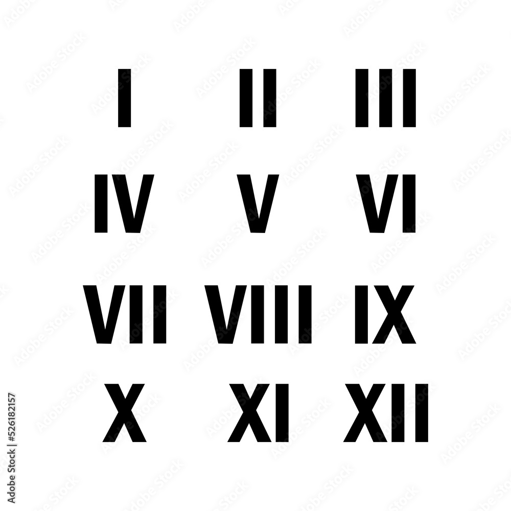 Roman numerals from one to twelve. Latin numbers 1-12 simple flat style ...
