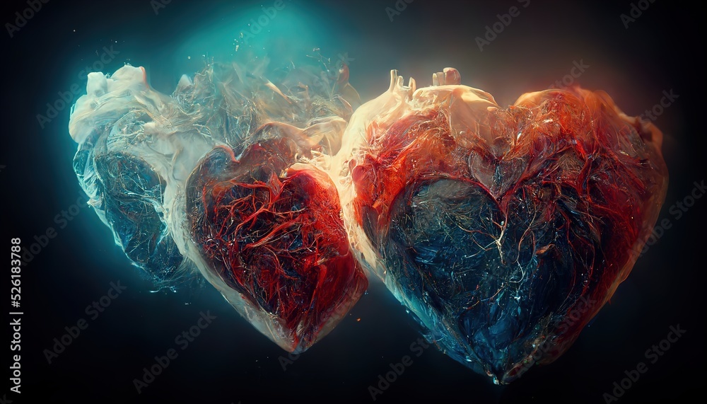 Red human heart with blood vessels and veins. Illustration on the theme ...