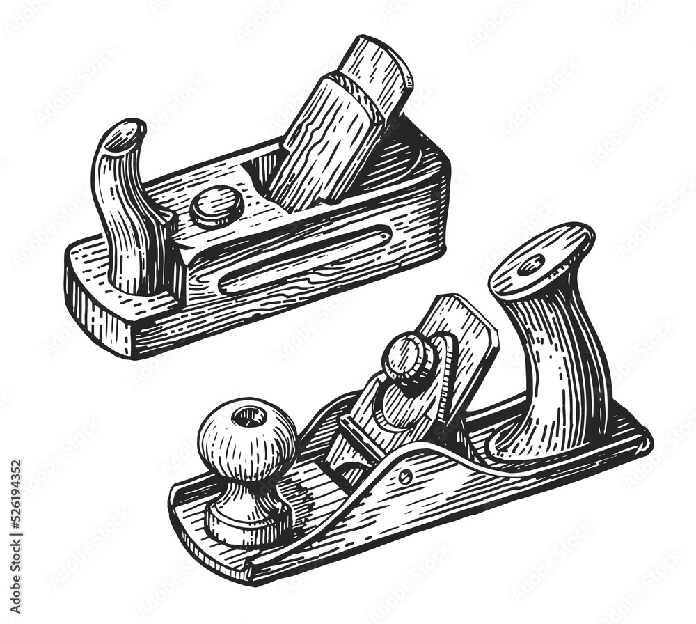Woodworking tools. Joinery wooden planer, hand drawn sketch. Carpentry ...