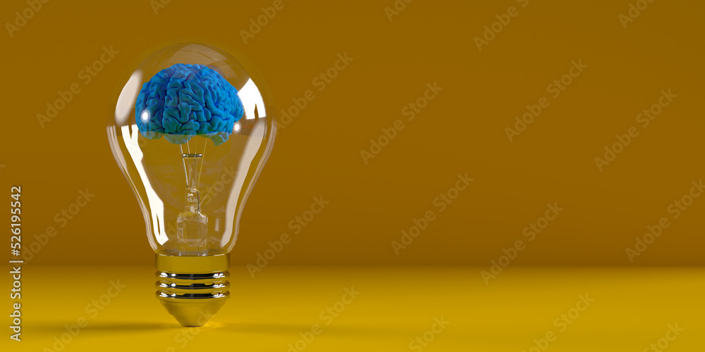 Human brain inside electric light bulb on blank yellow background with ...