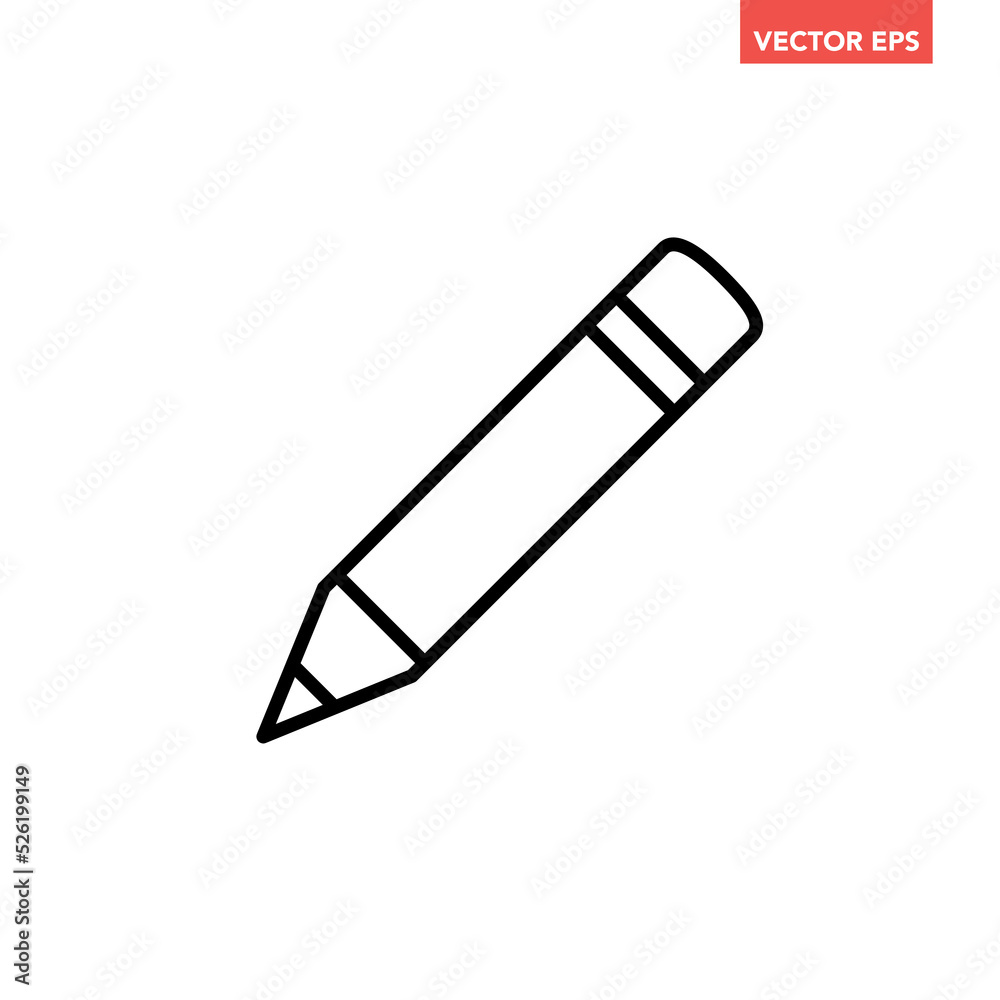 Black single pencil line icon, simple outline drawing tool flat design pictogram, infographic ...