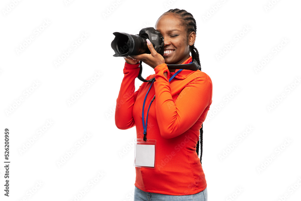 people, profession and photography concept - happy young woman or press ...