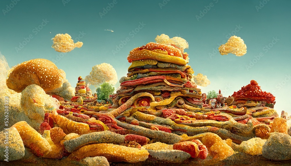 Junk food fantasy cartoon landscape made out of many hamburgers and ...