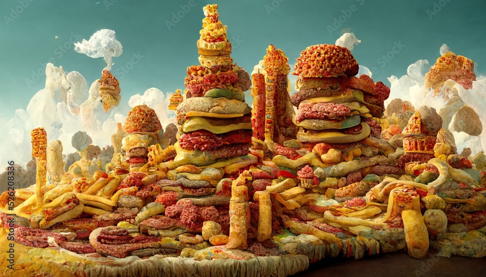 Junk food fantasy cartoon landscape made out of many hamburgers and ...
