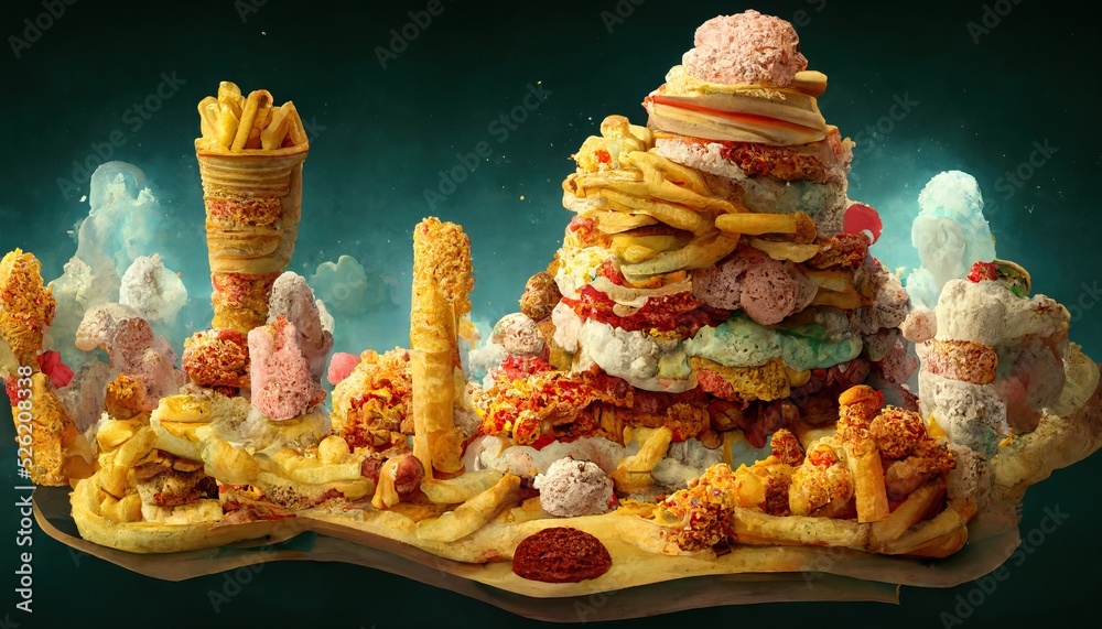 Land made of junk food french fries, hamburger, pop corn, hot dog ...