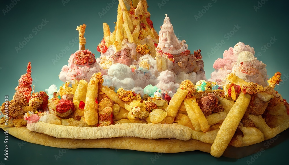 Junk food fantasy cartoon landscape made out of many hamburgers and ...