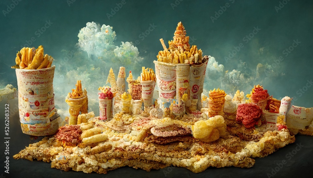 Junk food fantasy cartoon landscape made out of many hamburgers and ...