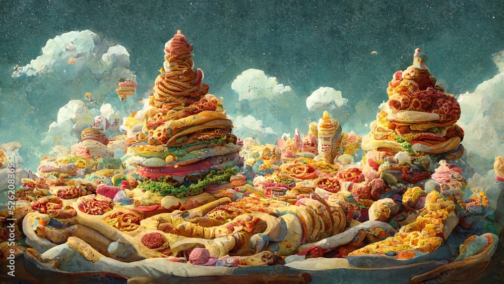 Junk food fantasy cartoon landscape made out of many hamburgers and ...
