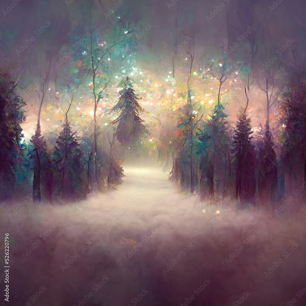 Magical fairy tale forest at night with glowing fairy fireflies lights ...