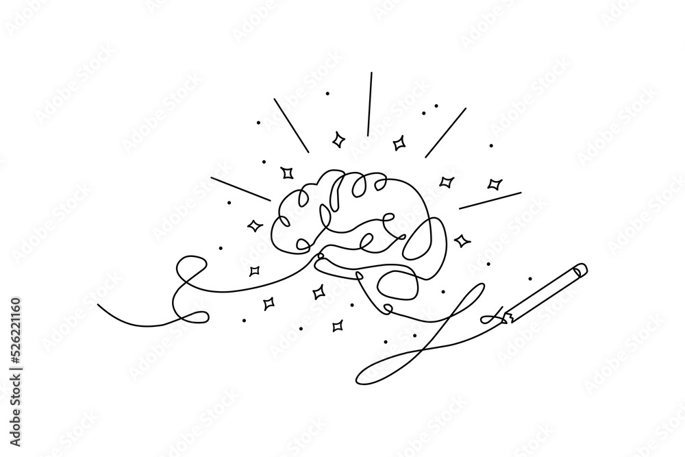 One continuous line of brain drawing pen. Creating new idea and mindset ...