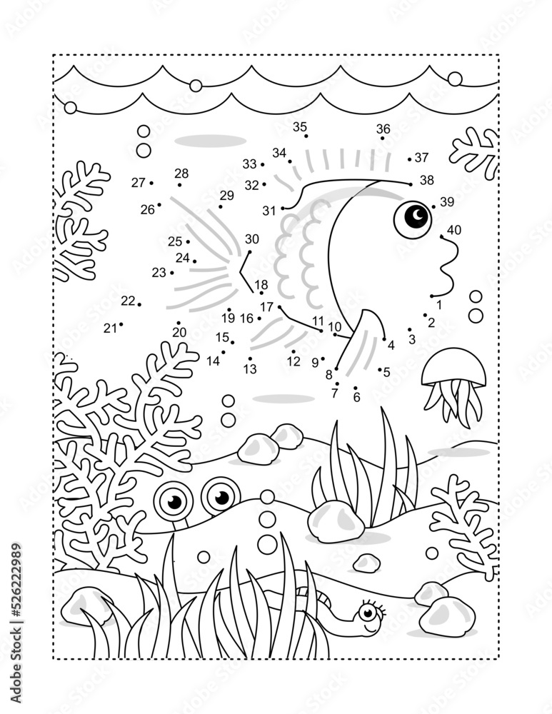 Fish dot-to-dot activity and coloring page. Full-page underwater scene ...