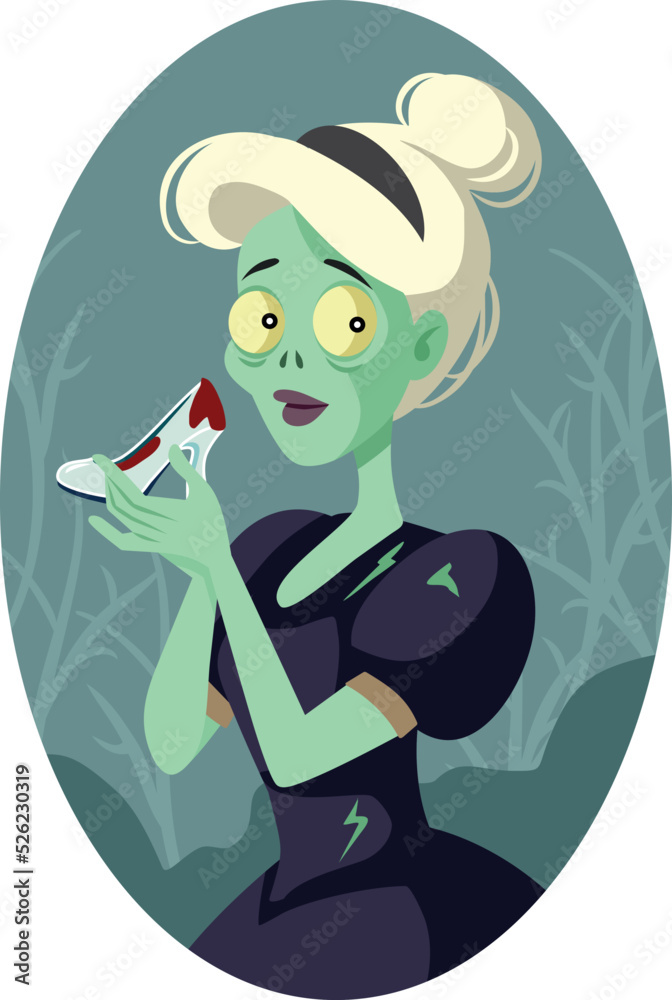 Zombie Cinderella Holding Bloody Shoe Vector Cartoon Illustration. Evil ...