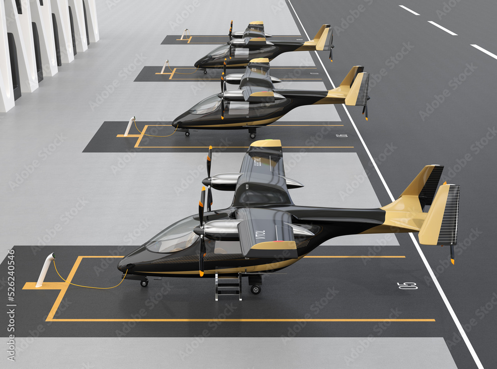 Side view of Electric VTOL passenger aircrafts charging on the station ...