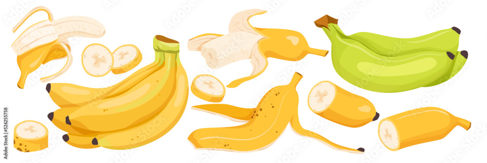 Banana set vector illustration. Cartoon isolated whole, cut in half or ...