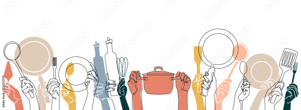 Cooking Background. Kitchen pattern. People holding different utensils ...