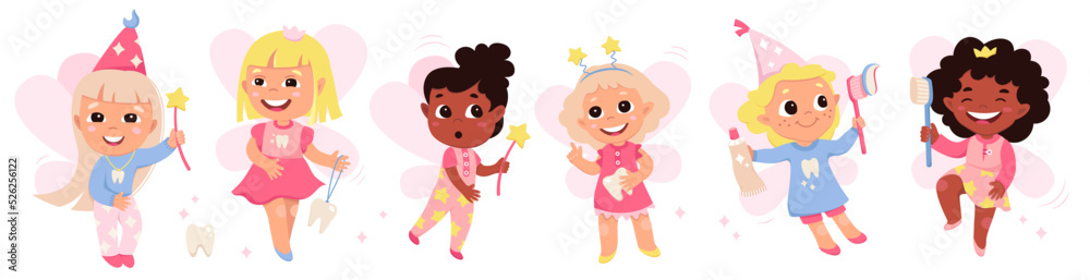 Cartoon isolated princess girls with crown and dresses holding ...