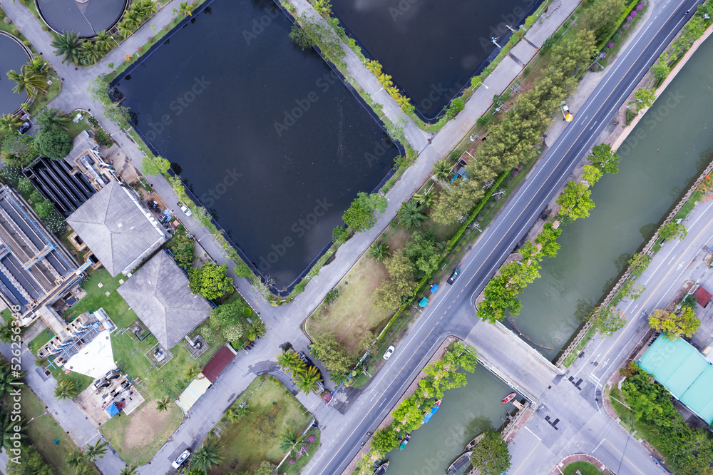 Aerial view High angle view Top down drone shot of the sewage treatment ...