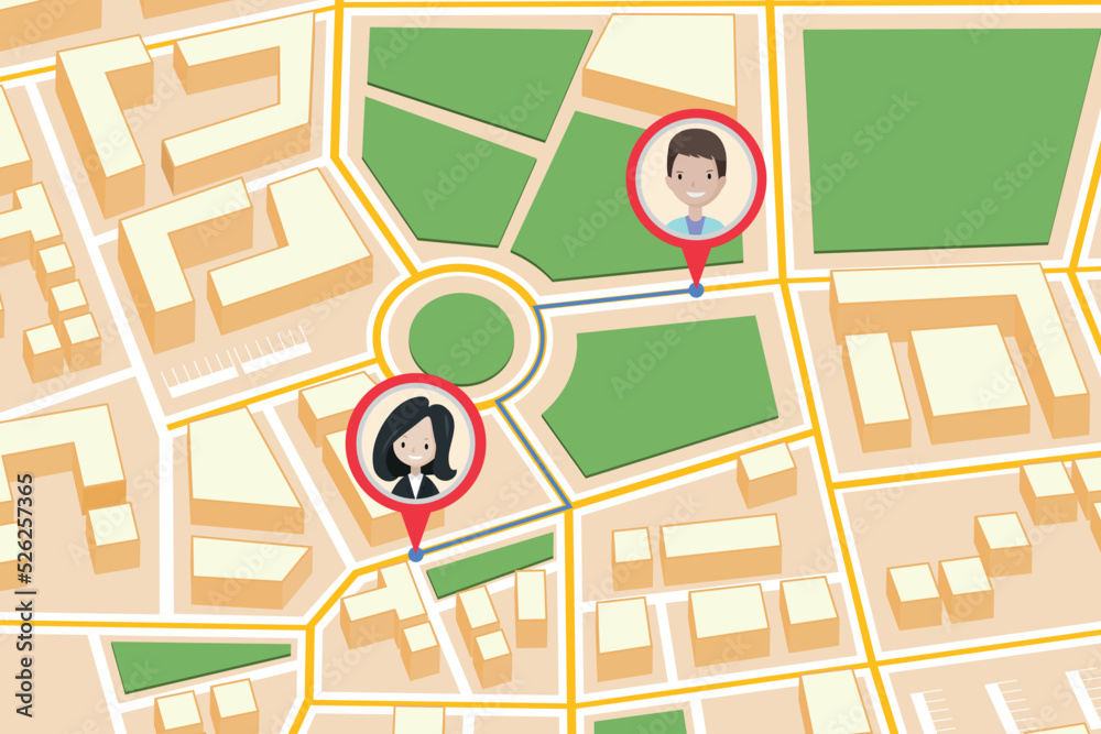 Map with pin markers showing GPS location of people or friends in the ...
