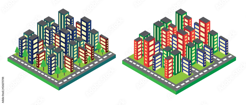 2D models of buildings. Stylish isometric houses and neighborhoods ...