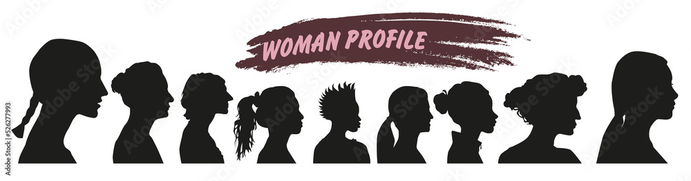 Beautiful profiles of women, a set of faces in profile silhouettes ...