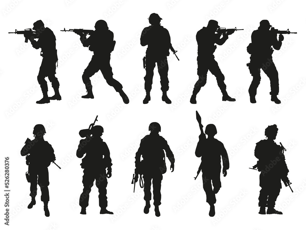 Army soldiers with rifle silhouette vector collection. Editable vector ...