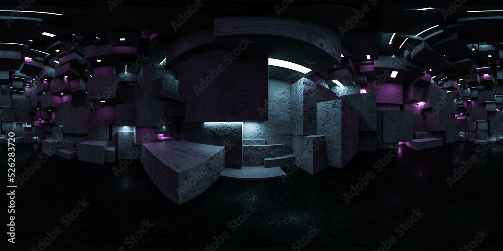 360 degree full panorama environment map of dark abstract concrete cube ...