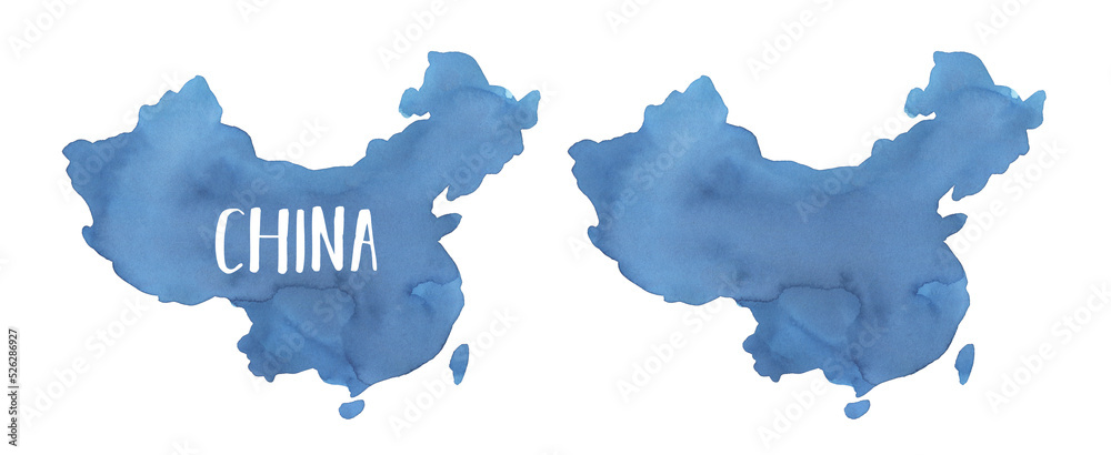 Watercolour illustration set of China Map: blank one template and with ...