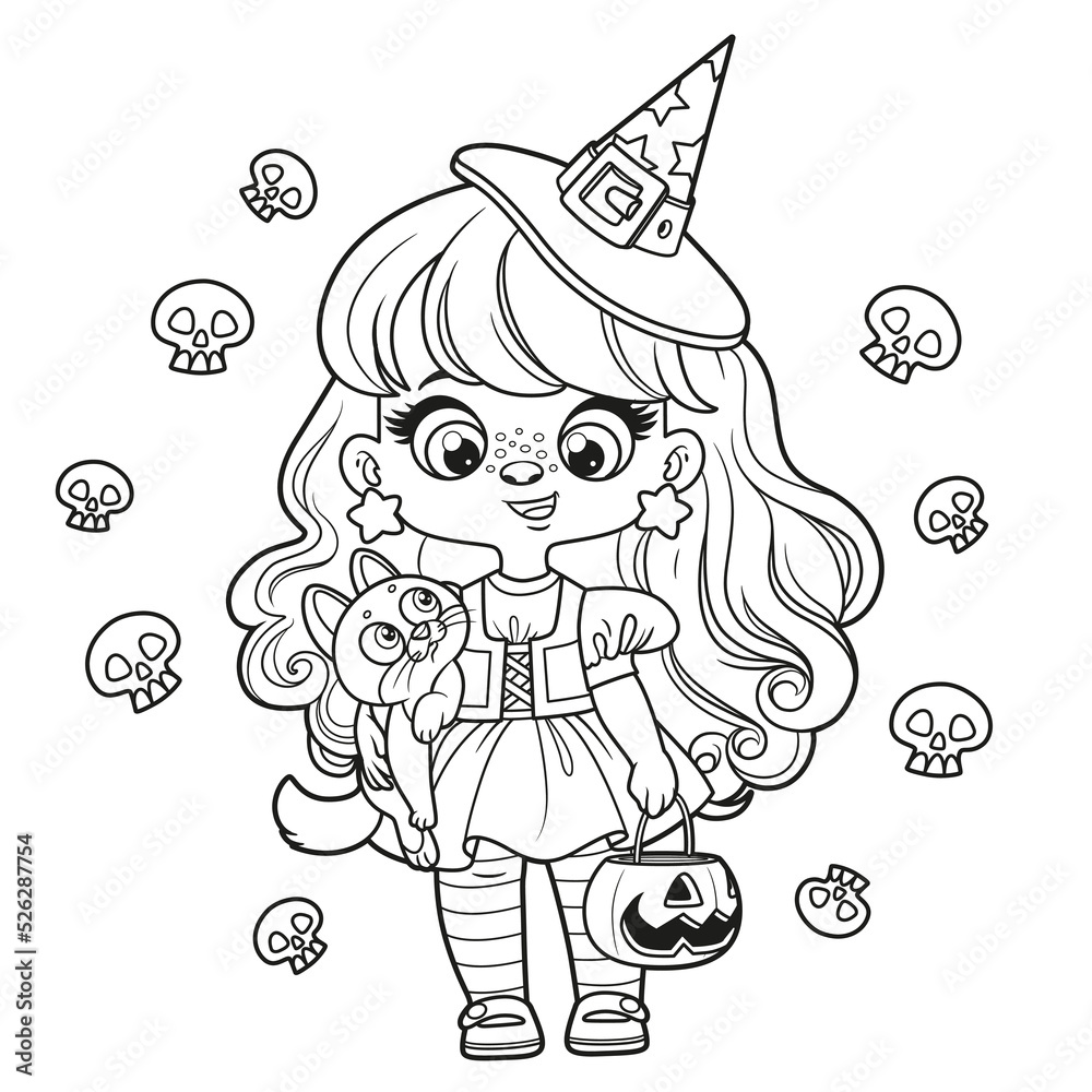 Cute cartoon girl in a Halloween witch costume with pumpkin for sweets ...