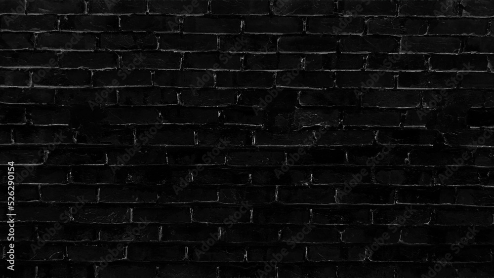 Abstract Black brick wall texture for pattern background. wide panorama picture. Horizontal part ...