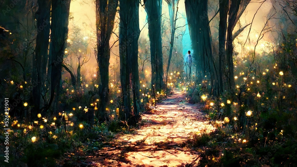 Digital illustration of a magical forest with magic trees. Concept Art ...