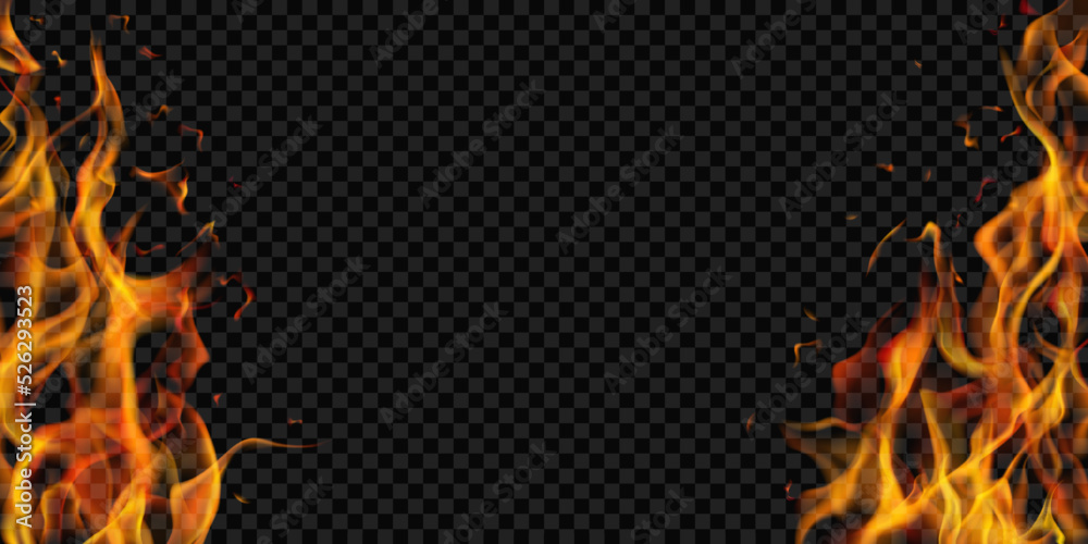 Flame and sparks on both sides, left and right, on transparent ...