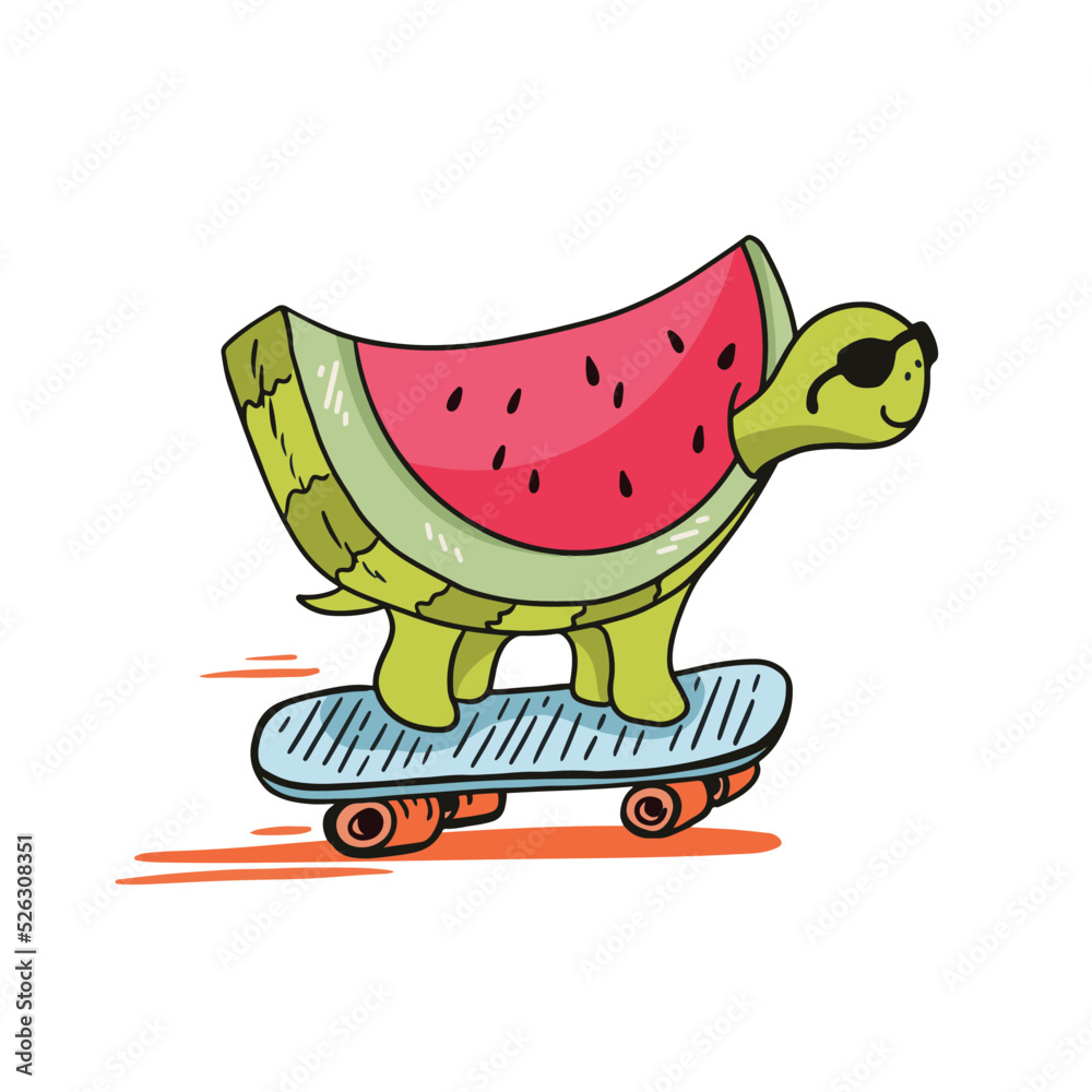 Cartoon Watermelon Turtle on Skateboard Stock Vector | Adobe Stock