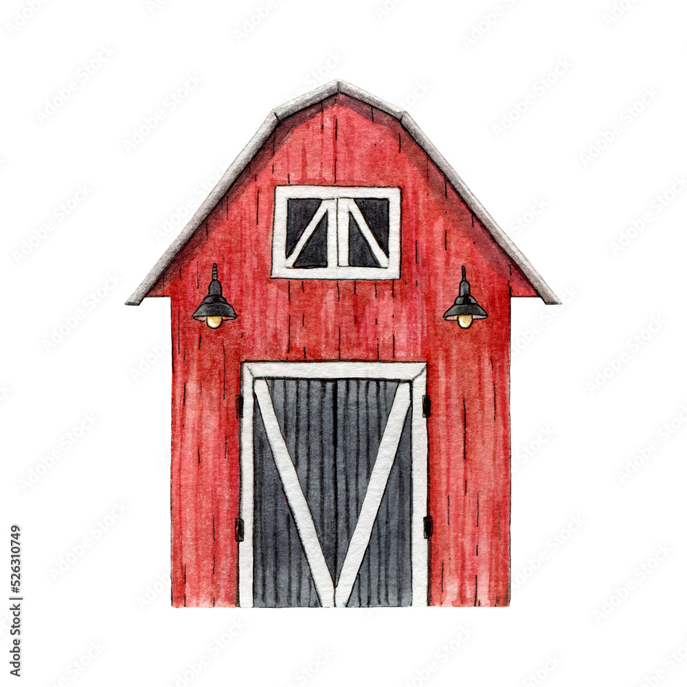 Red barn hand drawn watercolor illustration. Vintage style farm, ranch ...