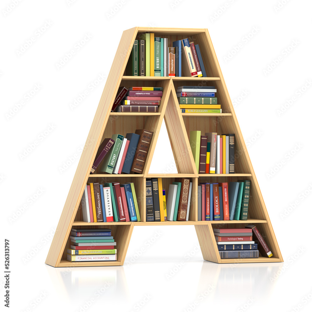 Letter A in form of bookshelf with book and texbooks. Educational and ...