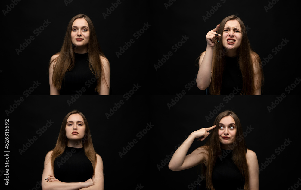 Set of young brunette girl woman in a black t-shirt posing with many ...