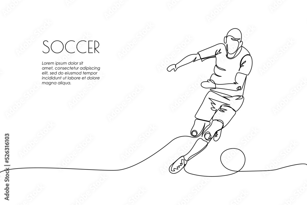 Web banner with football, soccer player and ball one line art ...