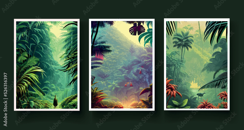 set vertical posters. Colorful tropical rainforest. palm leaves other ...