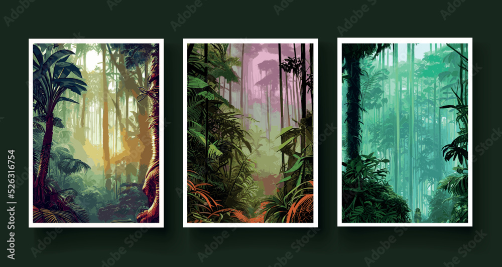 set vertical posters. Colorful tropical rainforest. palm leaves other ...