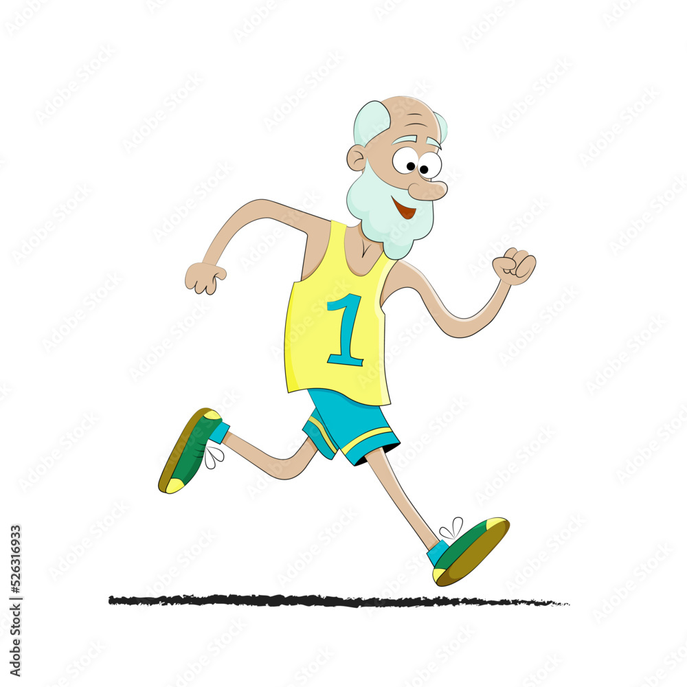Сartoonish old man running in the park in the morning or a sports ...