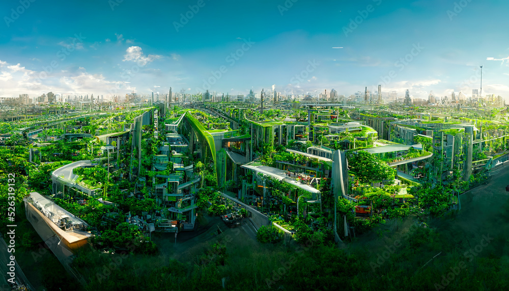 Spectacular eco-futuristic cityscape ESG concept full with greenery ...