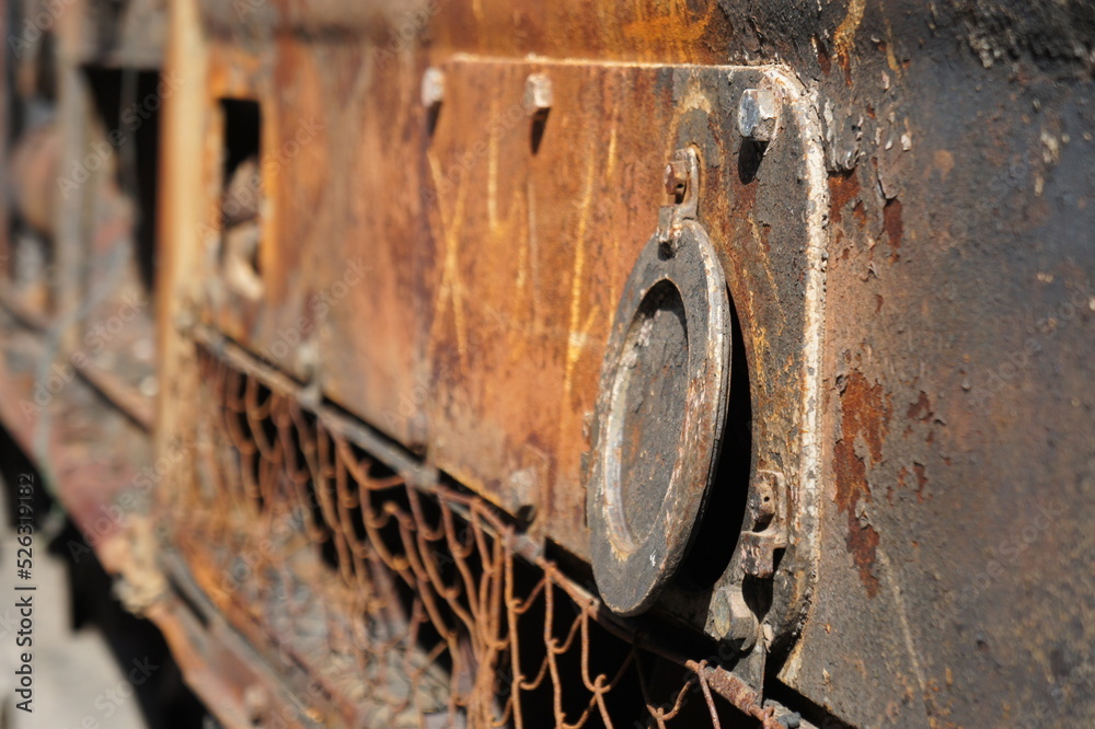 Close-up of details of old destroyed military equipment. Destroyed ...